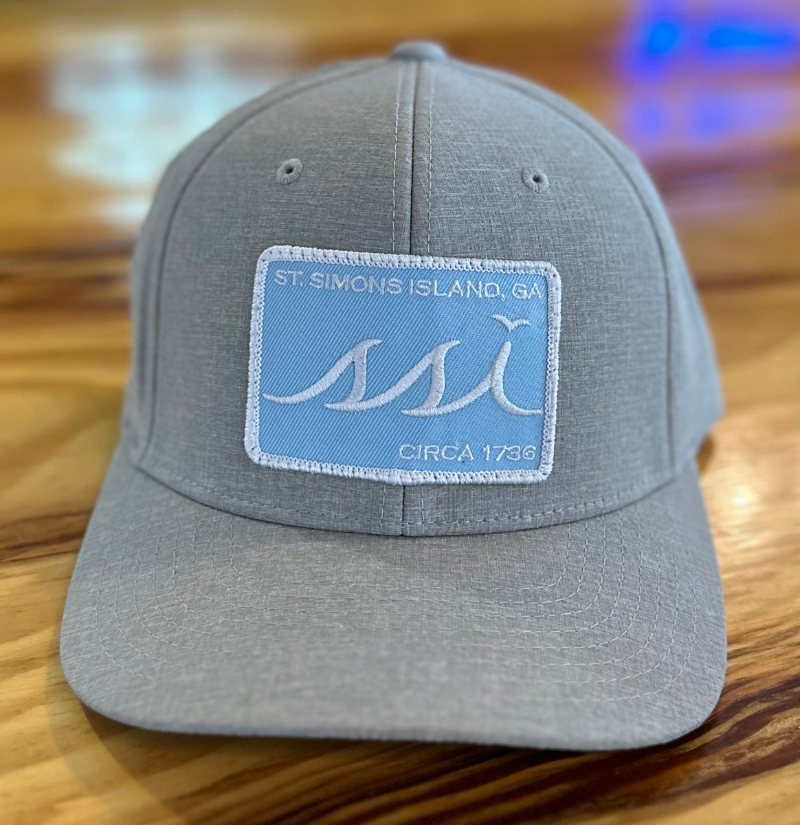 Light Heathered Gray FlexFit Hat /Light Blue Patch with White Logo & B ...